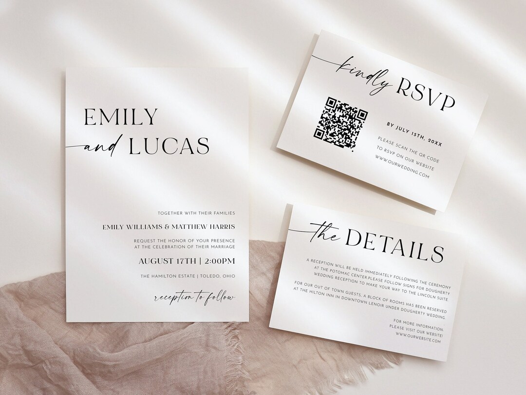 Minimalist Wedding Invitation Set, Invitation Template Bundle, QR Code ...