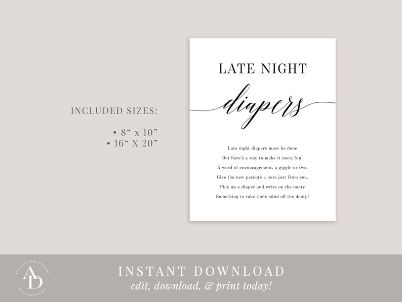 Late Night Diapers Baby Shower Game Template, Printable Late Night ...