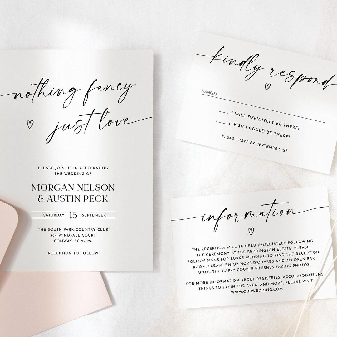 Nothing Fancy Just Love Minimalist Wedding Invitation Set, Printable ...