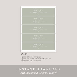 Sage Green Minimalist Baby Shower Water Bottle Label, Water Bottle ...