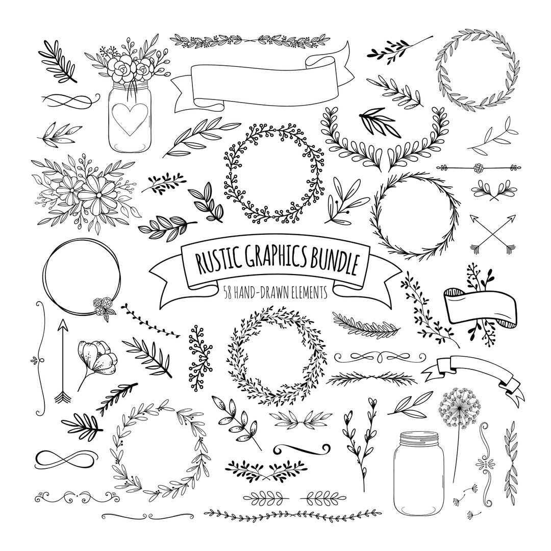 Rustic Graphics Bundle, Hand-drawn Graphics Clipart, Rustic Wedding DIY ...