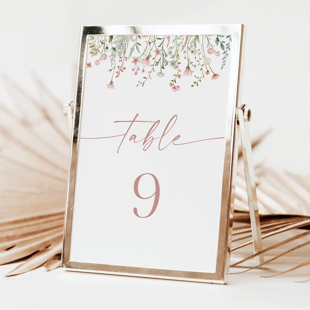 Pink Wildflower Table Number Cards, Wedding Table Number Template ...