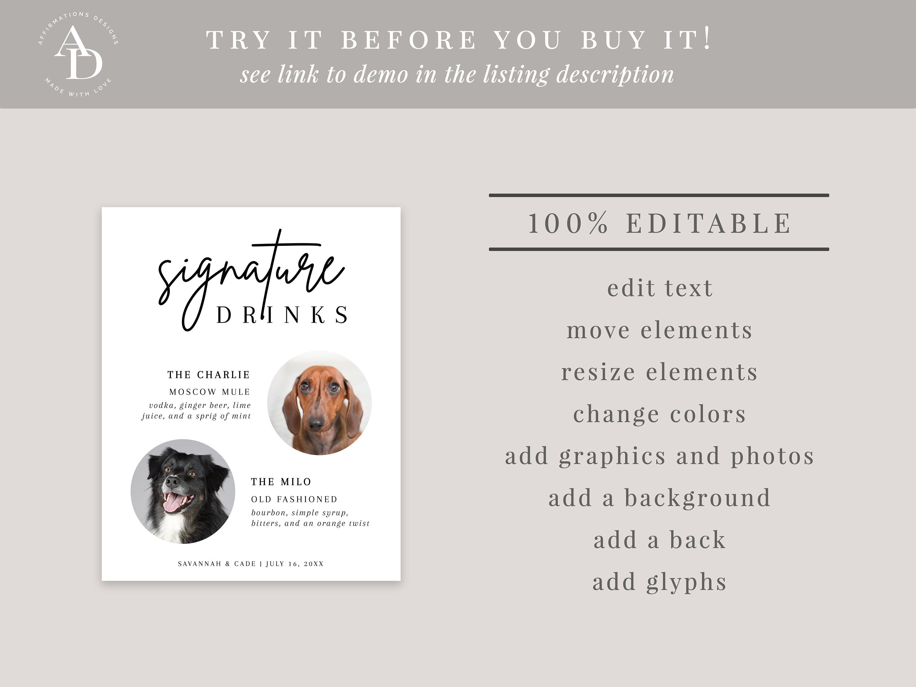 Pet Signature Drink Sign Dog Signature Drink Sign Template - Etsy