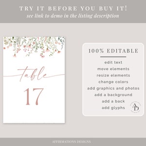 Pink Wildflower Table Number Cards, Wedding Table Number Template ...