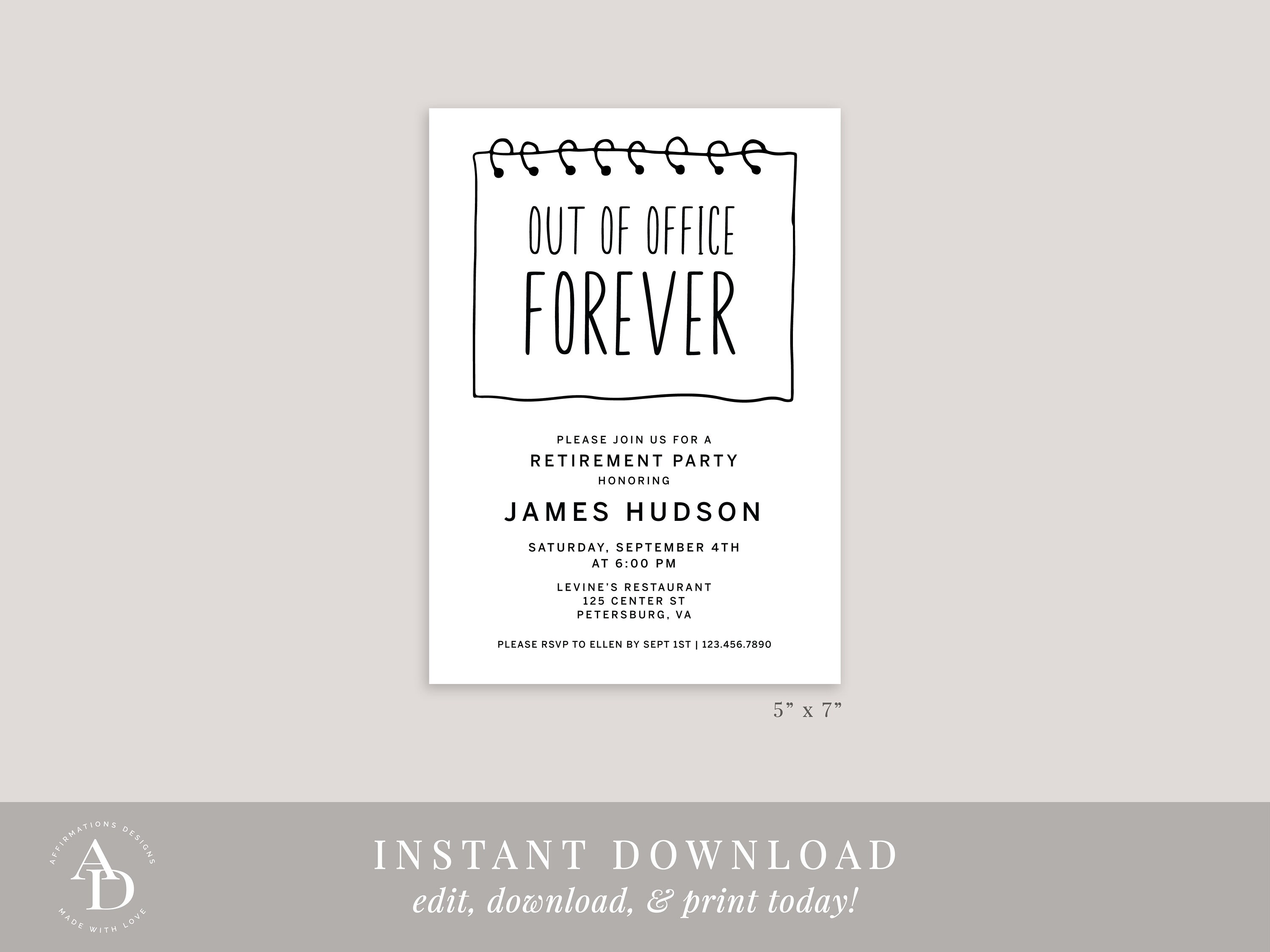 Out of Office Forever Retirement Party Invitation Template, Funny ...