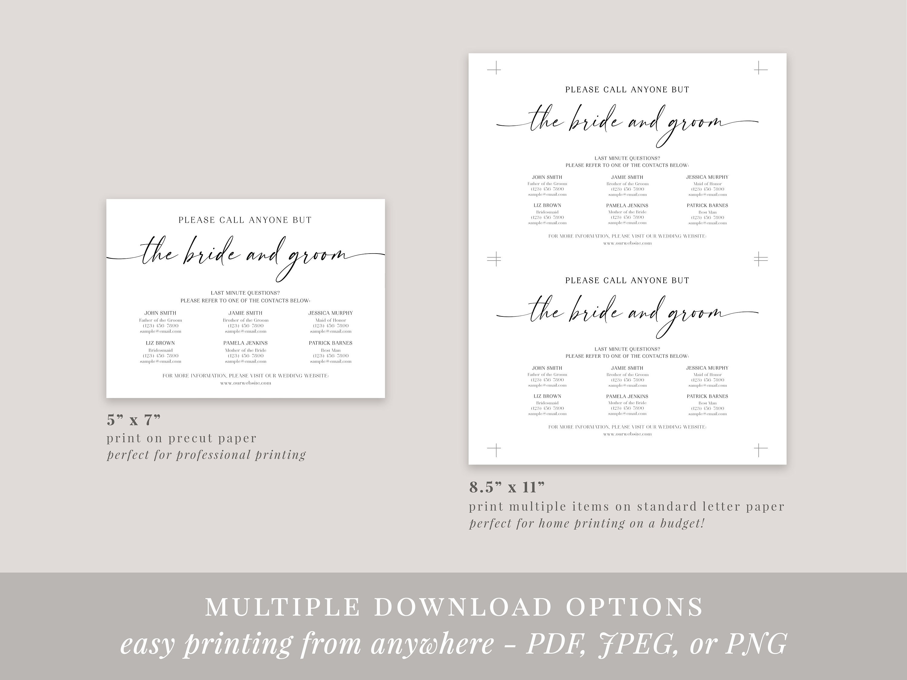 Call Anyone but the Bride and Groom Contact Card Template - Etsy