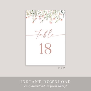 Pink Wildflower Table Number Cards, Wedding Table Number Template ...