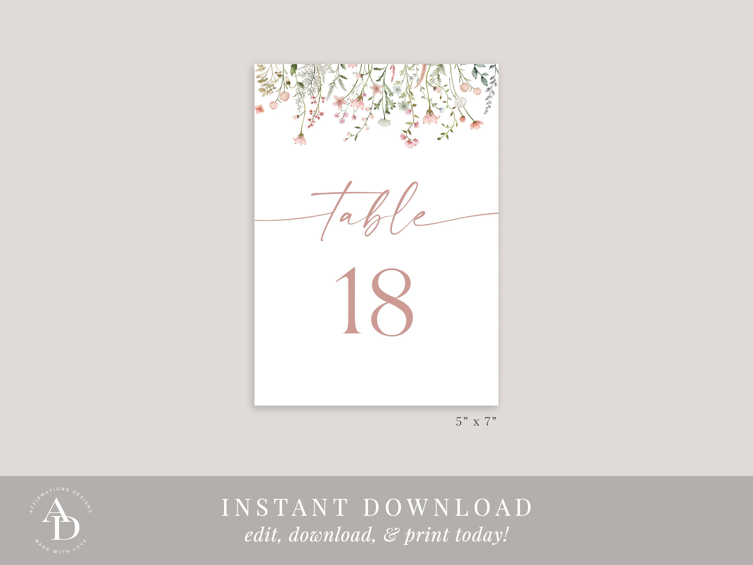 Pink Wildflower Table Number Cards, Wedding Table Number Template ...