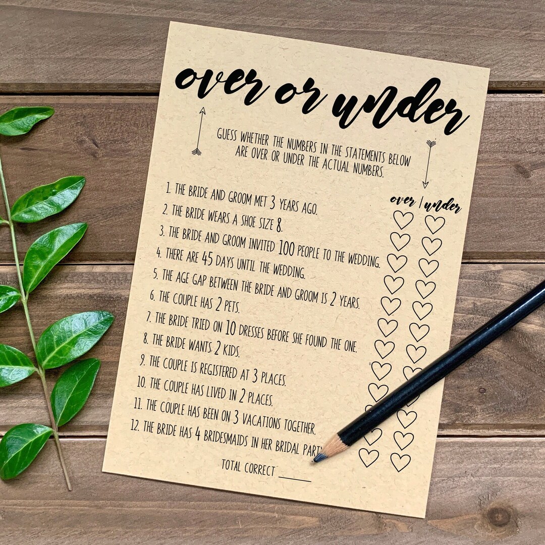 Over or Under Printable Bridal Shower Game, Bridal Shower Game Template ...
