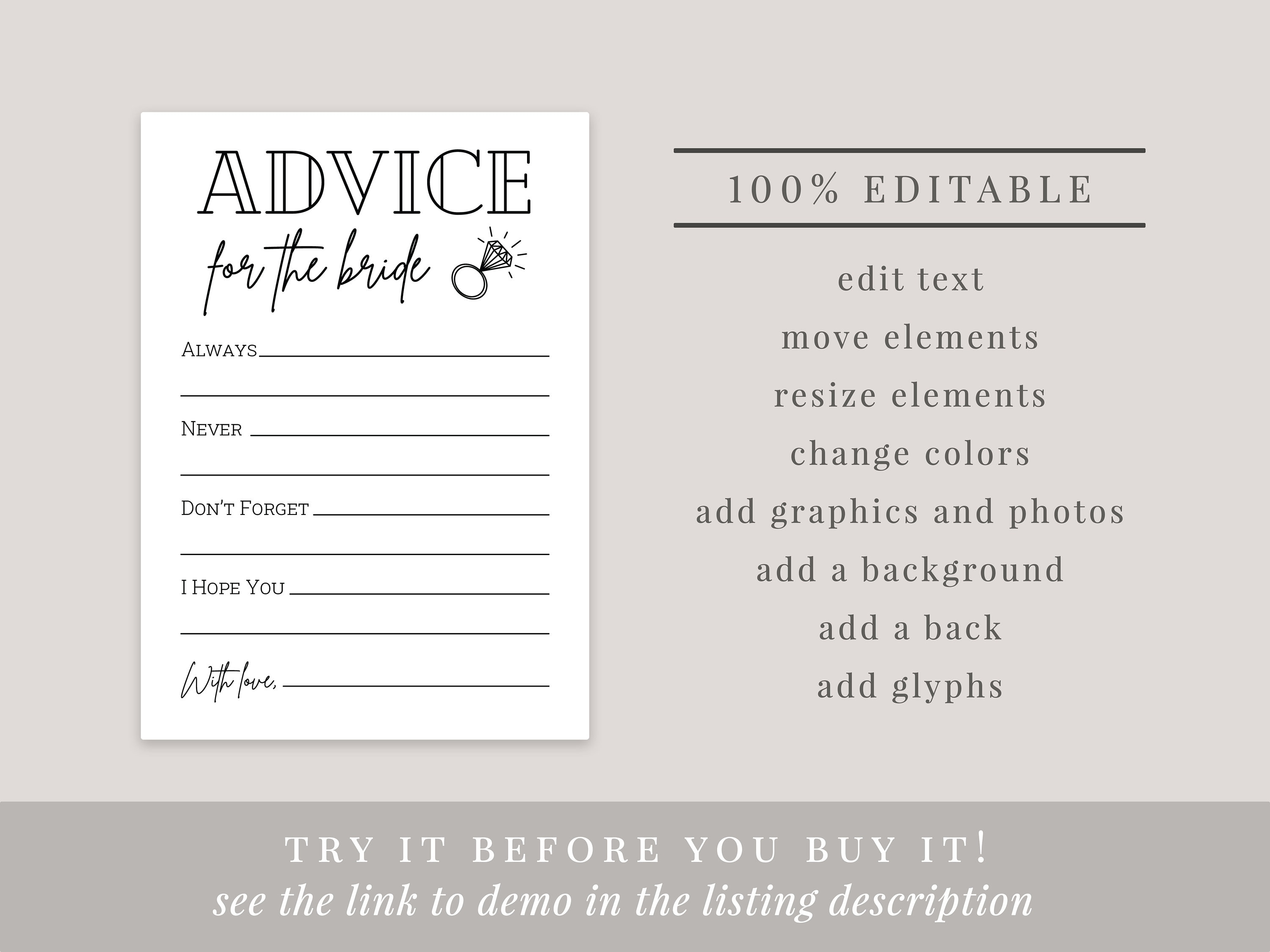 Bridal Shower Advice Card Printable, Advice for the Bride, Bridal ...