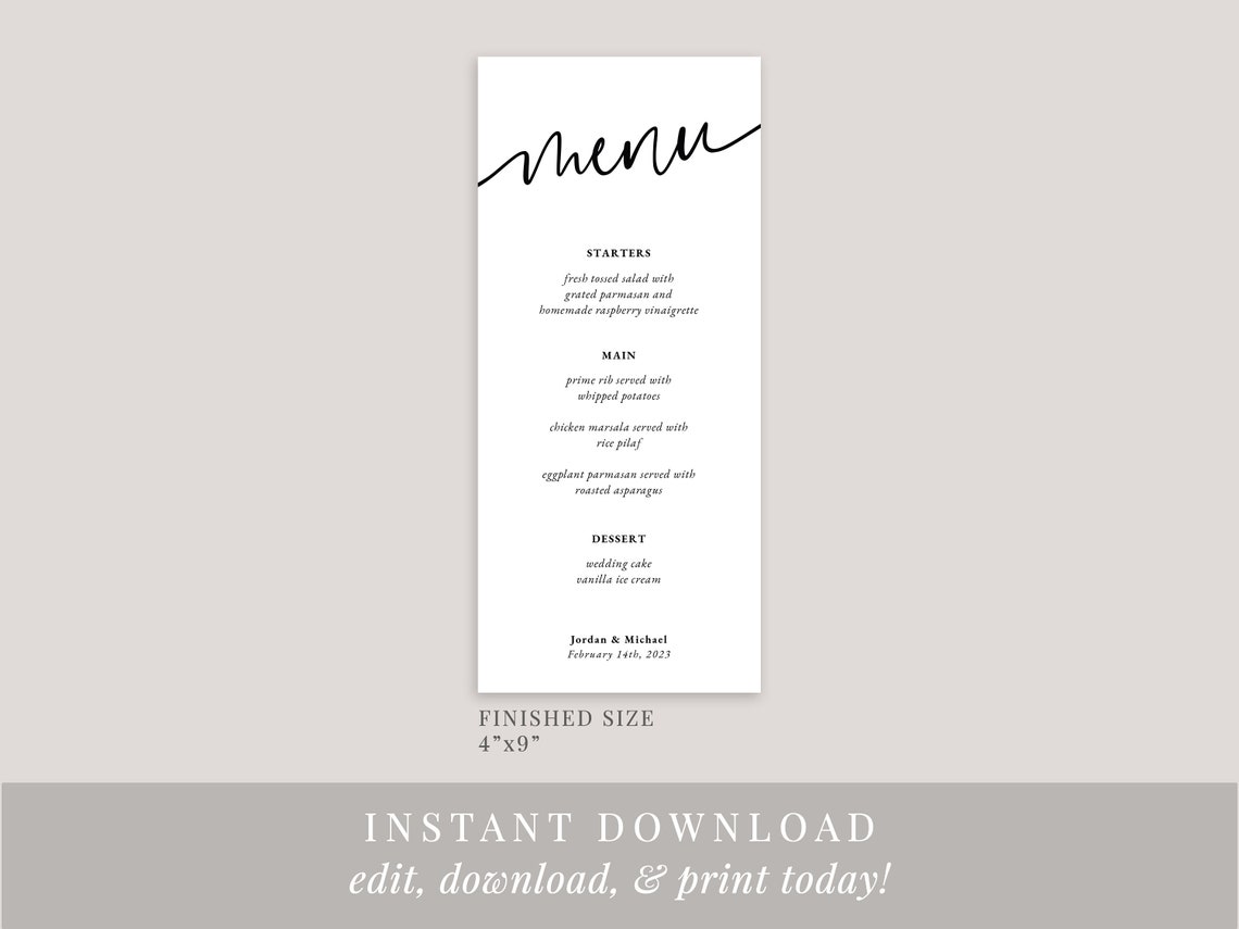 Script Wedding Menu Template Printable Wedding Menu Editable | Etsy