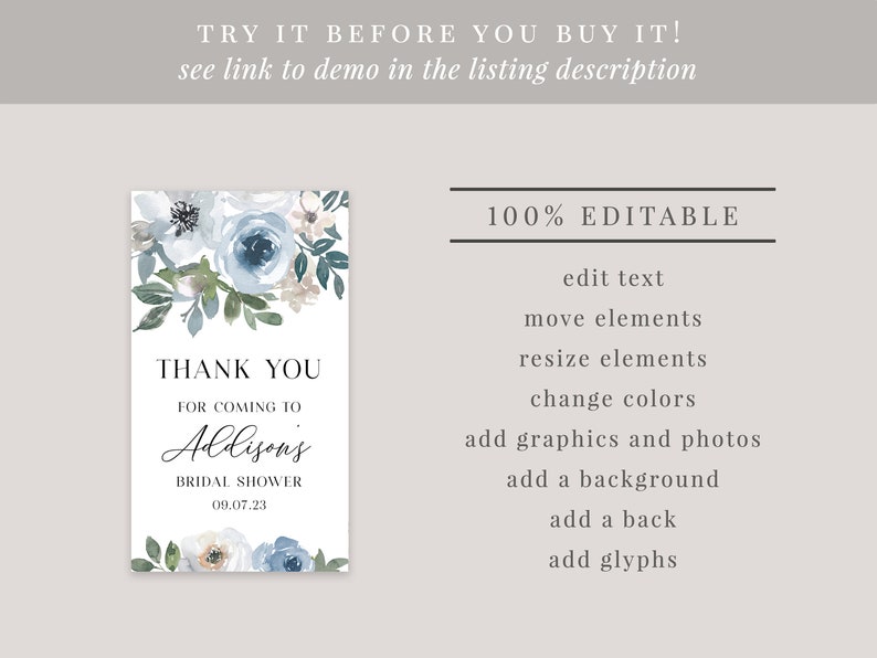 Dusty Blue Watercolor Florals Wedding Thank You Tag Template, Printable ...