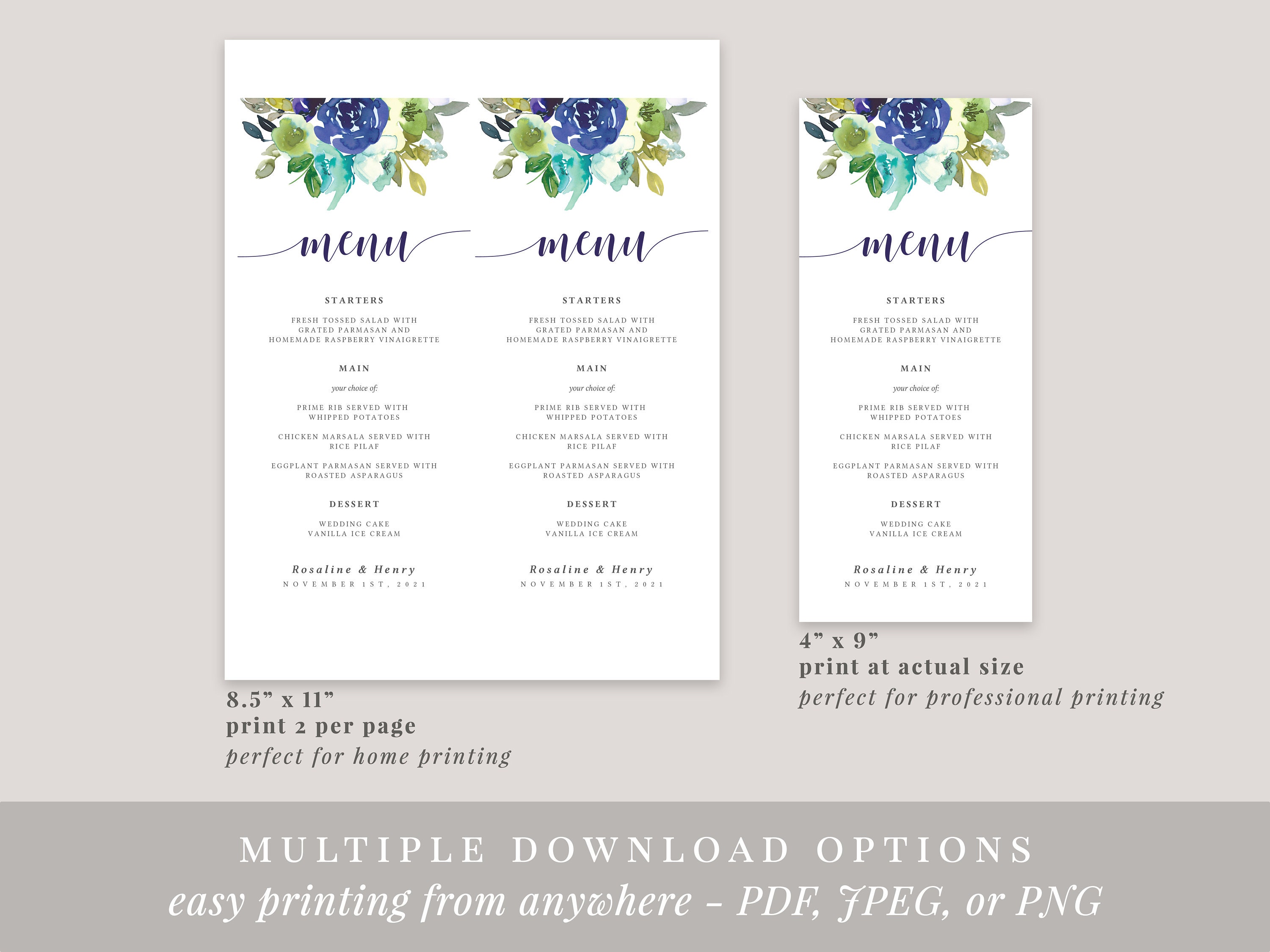 Purple Watercolor Florals Wedding Menu Printable Menu | Etsy