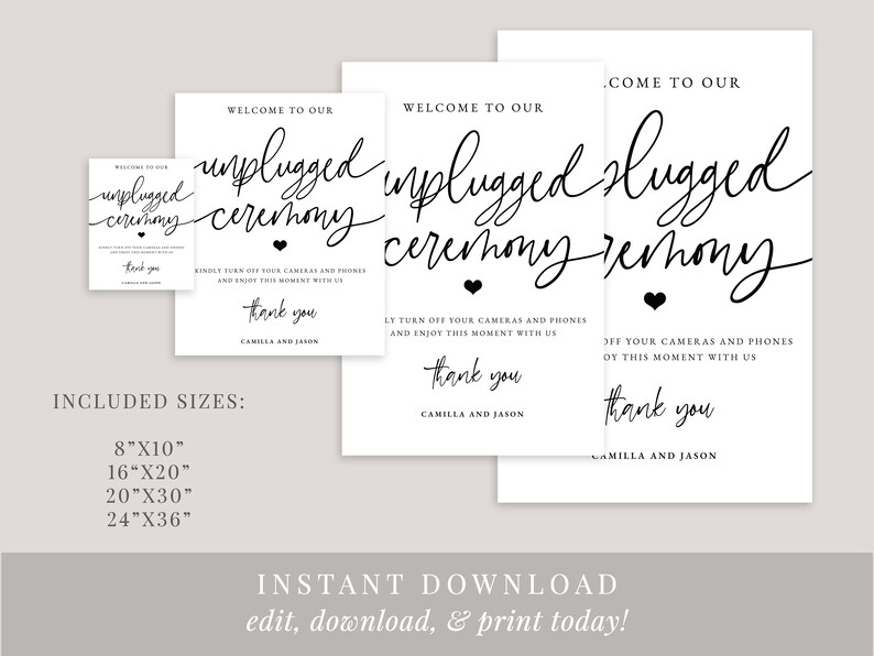 Unplugged Ceremony Printable Wedding Sign, Unplugged Wedding Sign ...