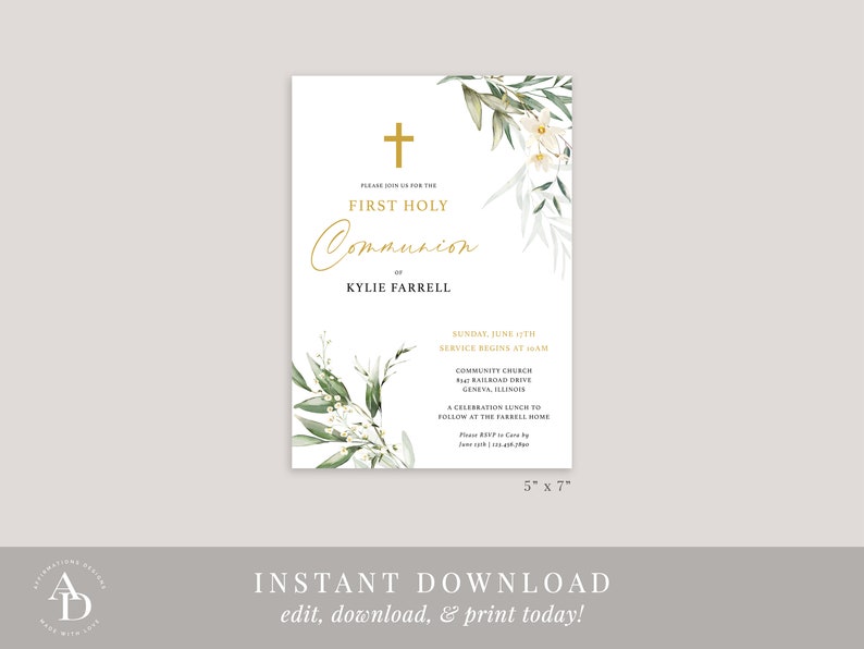 First Holy Communion Invitation Template, Greenery and Gold First ...