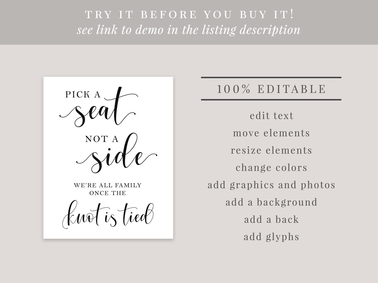 Pick A Seat Not A Side Wedding Seating Sign Printable Wedding | Etsy