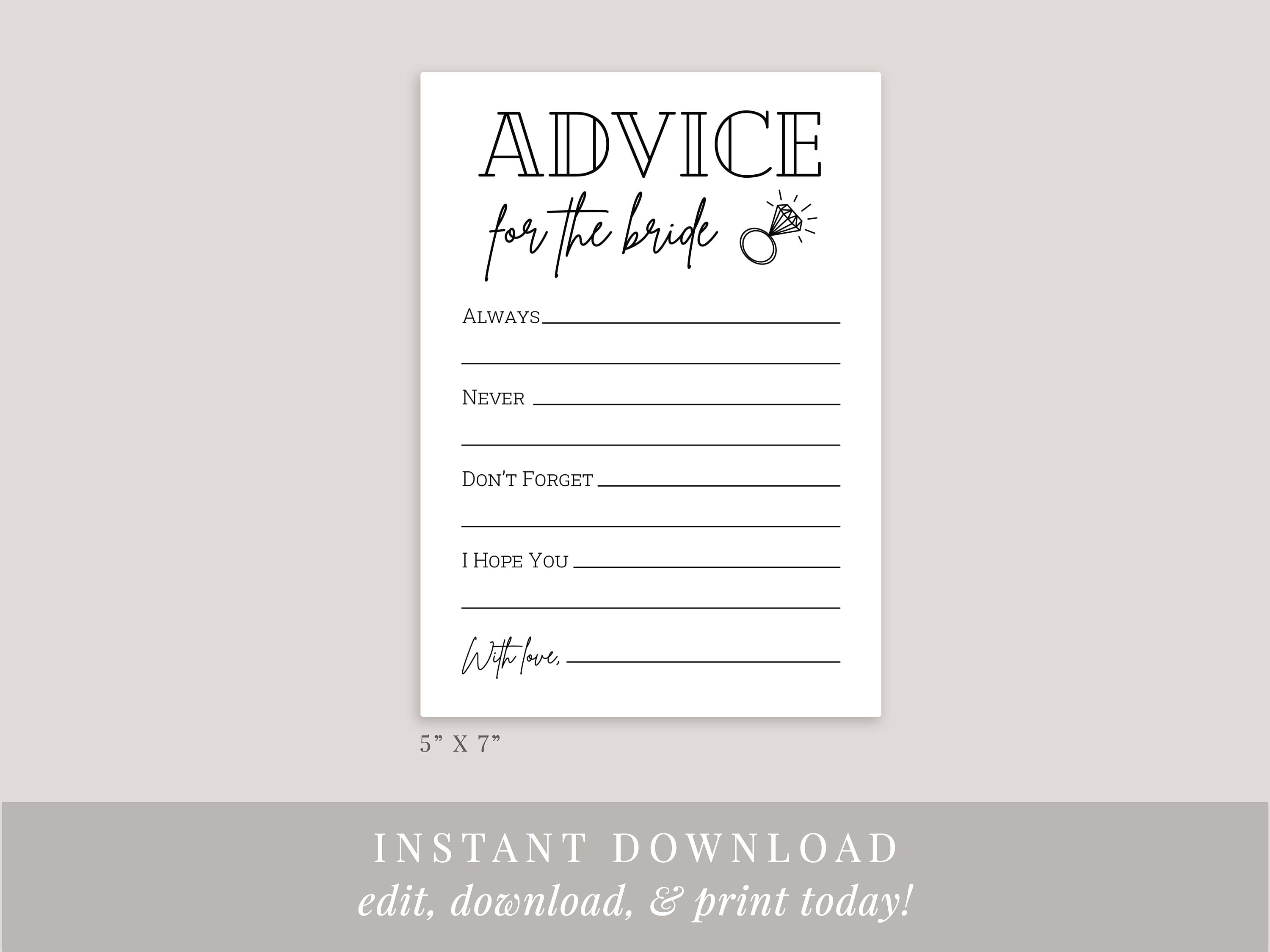 Bridal Shower Advice Card Printable, Advice for the Bride, Bridal ...