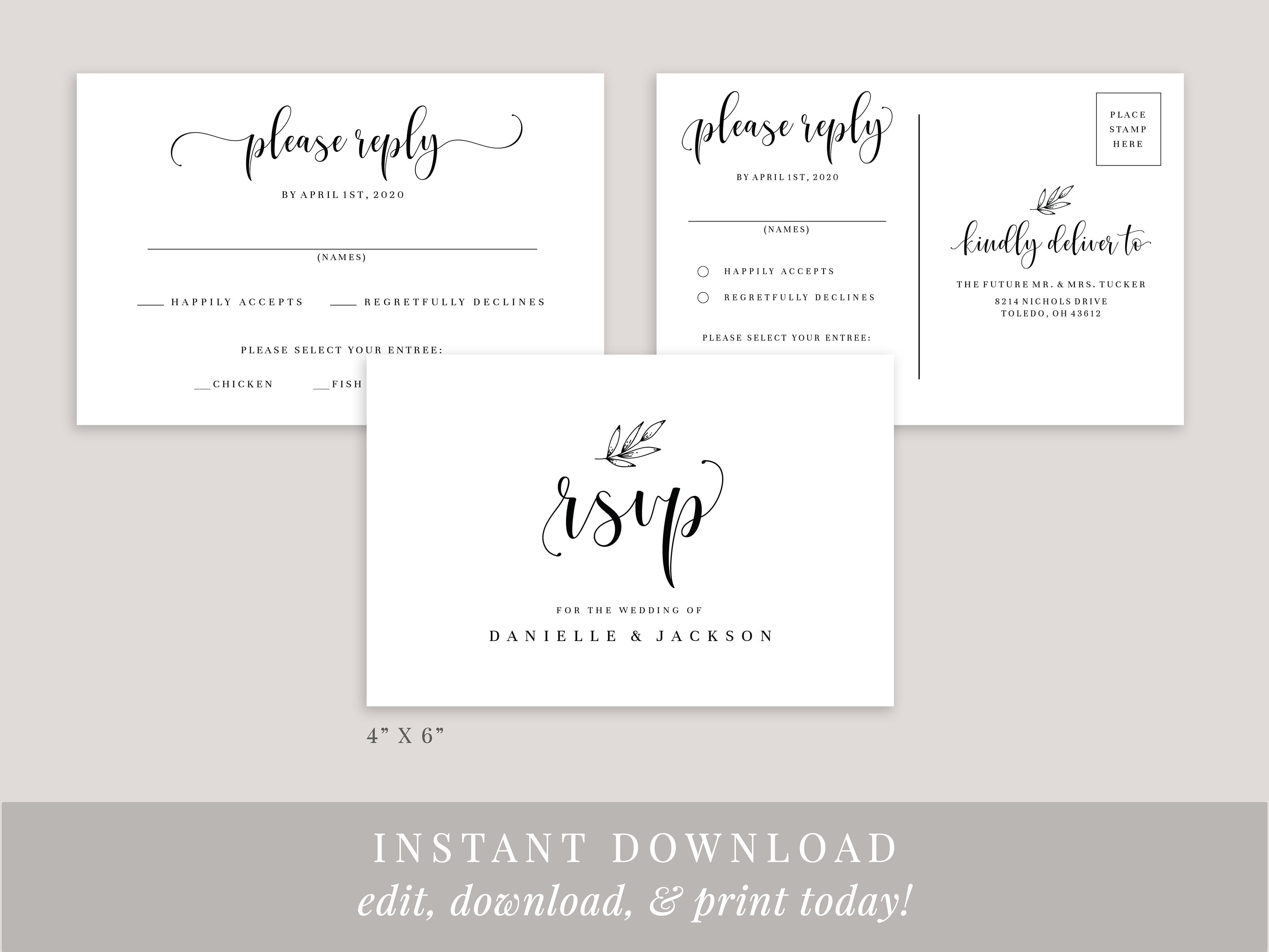 Printable Wedding RSVP Card Template, RSVP Invitation Insert, RSVP ...