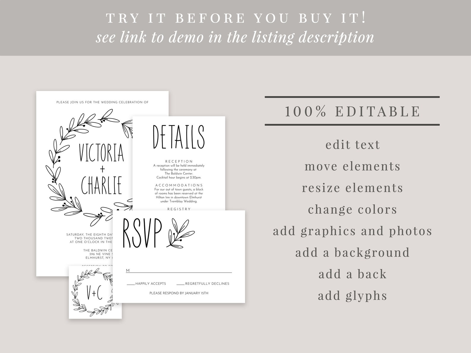 Printable Rustic Wedding Invitation Set Template Editable - Etsy