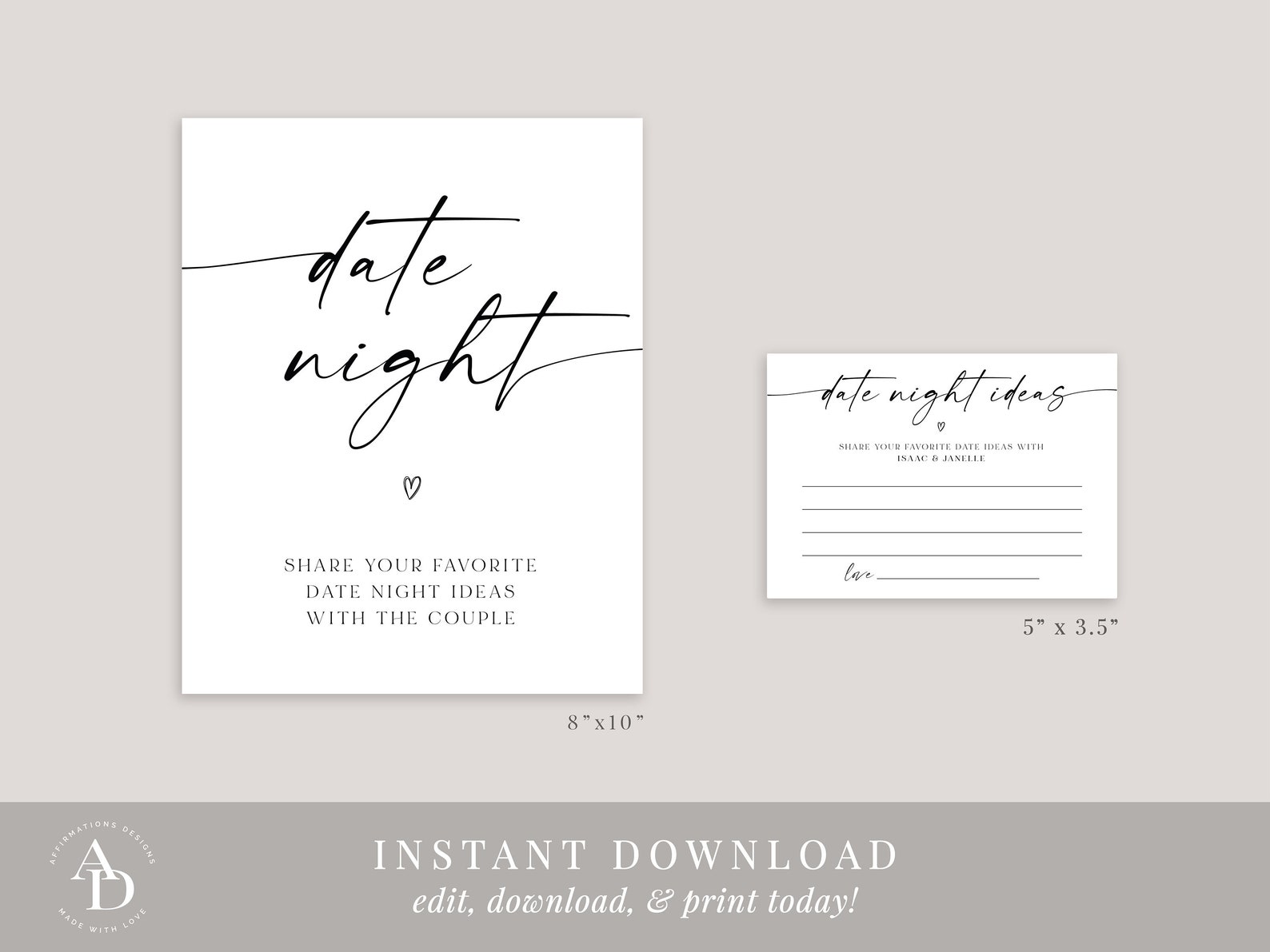 Minimalist Date Night Ideas Sign and Cards, Printable Wedding Game ...