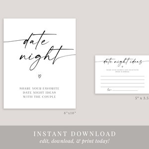 Minimalist Date Night Ideas Sign and Cards, Printable Wedding Game ...