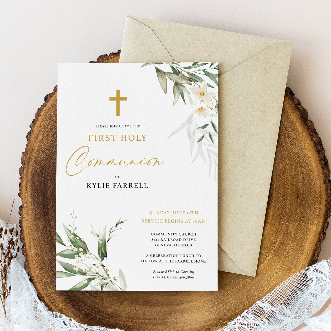 First Holy Communion Invitation Template, Greenery and Gold First ...
