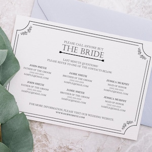 Call Anyone but the Bride Card, Wedding Phone Number Contact Card ...