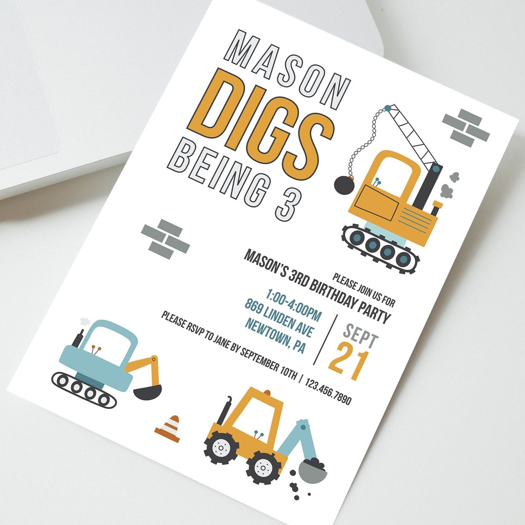 Digger Birthday Invitation Digital, Printable Construction Birthday ...