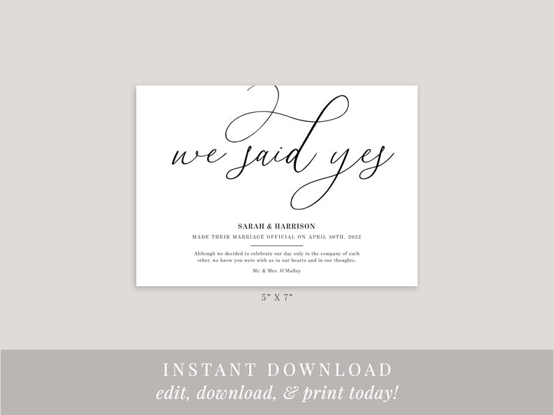 We Said Yes Marriage Announcement Template, Printable Elopement ...