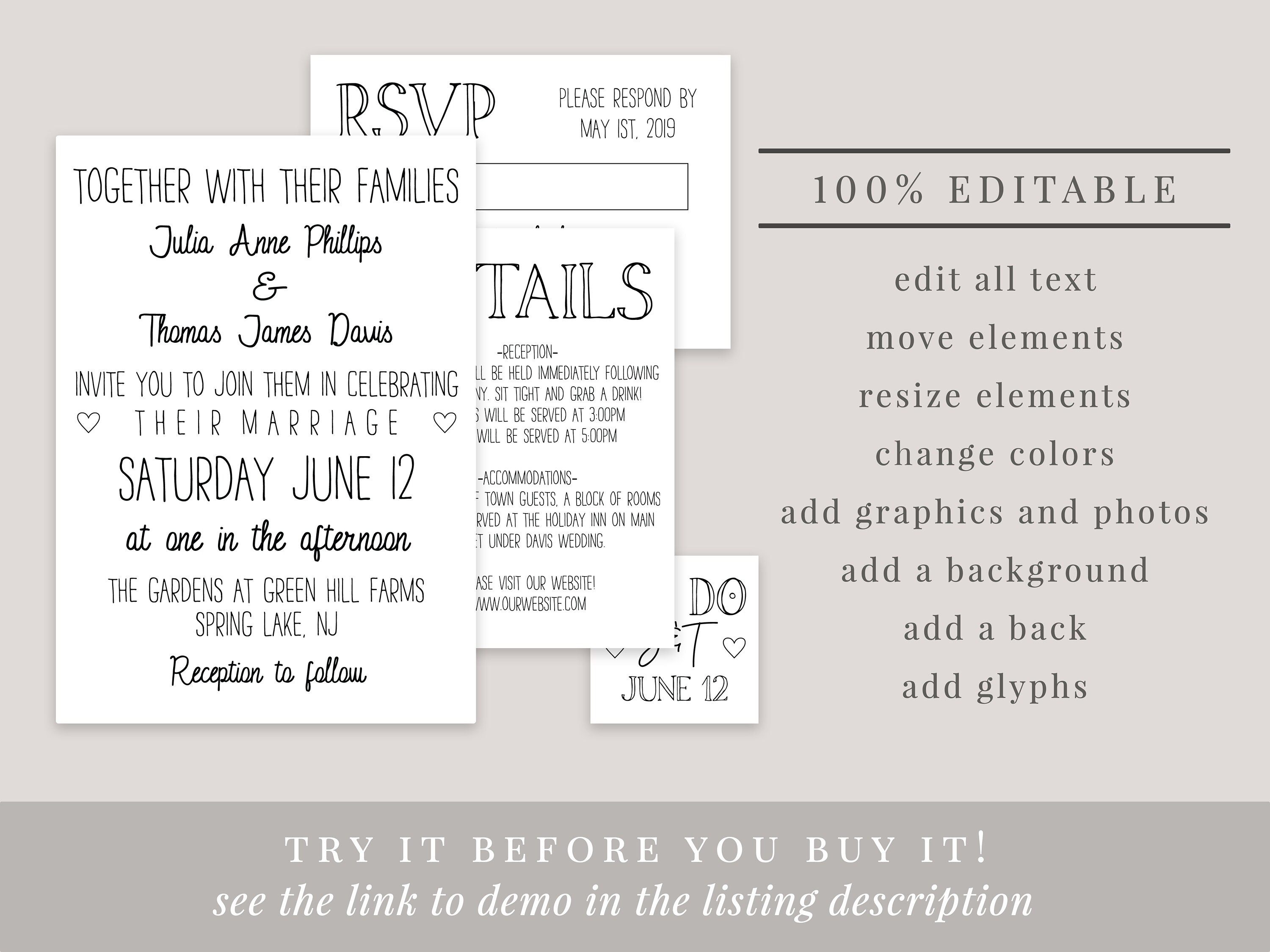 Rustic Wedding Invitation Set With Fun Fonts Editable Wedding | Etsy