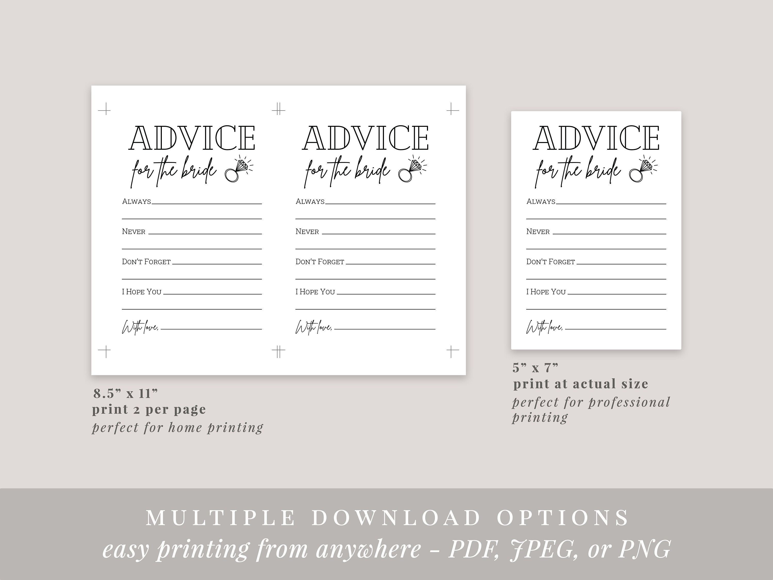 Bridal Shower Advice Card Printable Advice for the Bride | Etsy