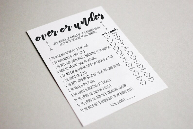 Over or Under Printable Bridal Shower Game, Bridal Shower Game Template ...