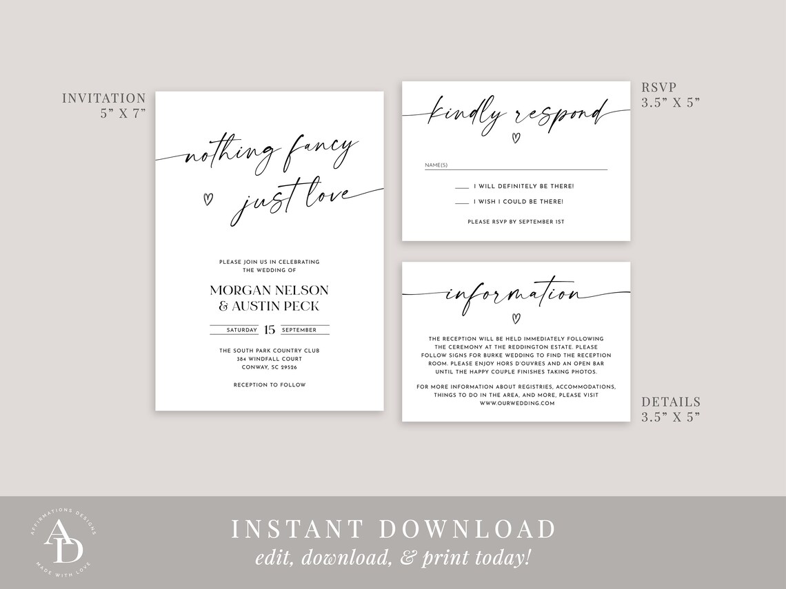 Nothing Fancy Just Love Minimalist Wedding Invitation Set, Printable ...