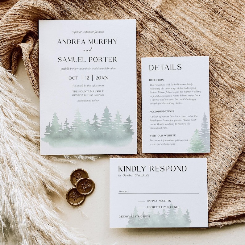Watercolor Forest Wedding Invitation Set, Woods Invitation Template ...