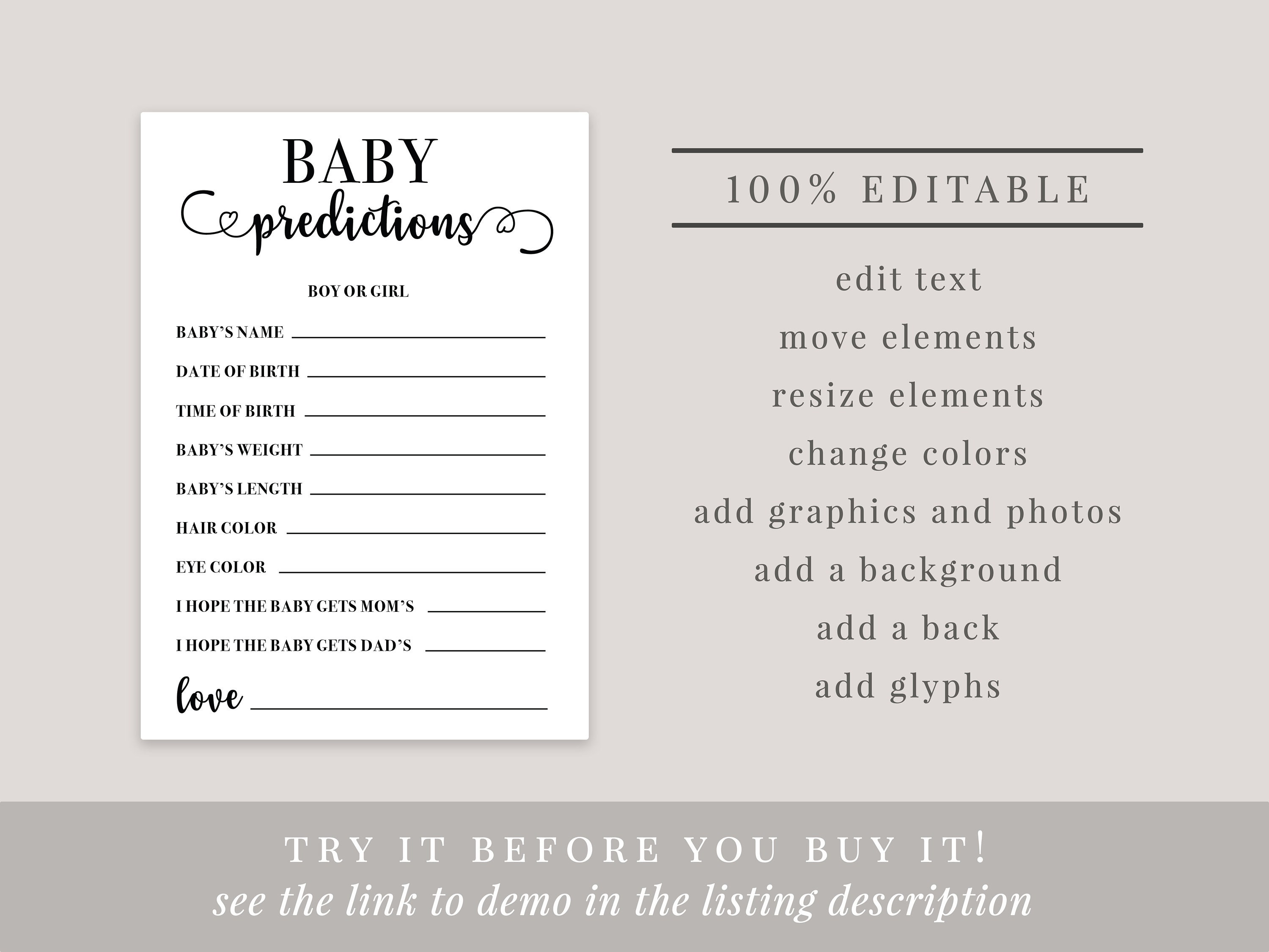 Baby Predictions Baby Shower Game Template Printable Baby - Etsy