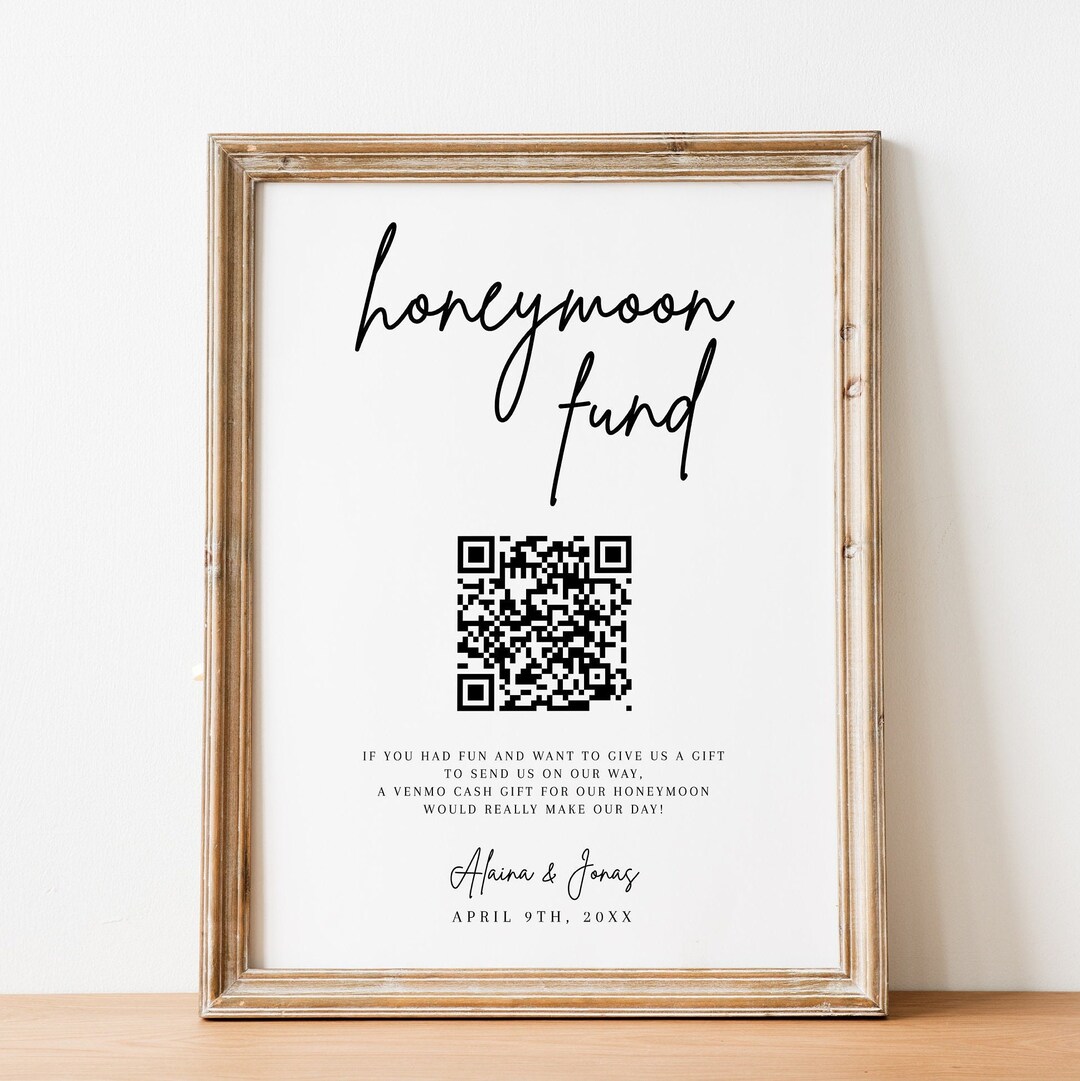 Honeymoon Fund QR Code Sign Template, Printable Wedding Sign With Venmo ...