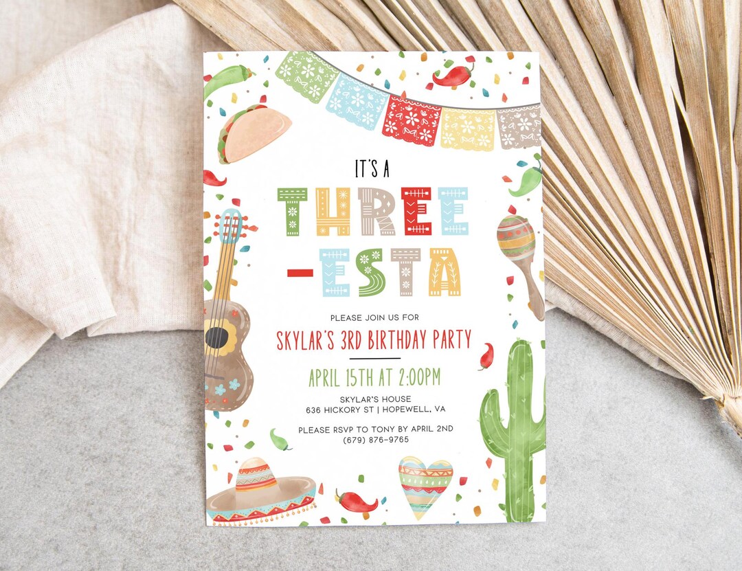 Three-esta Fiesta Theme Birthday Party Invitation Template, Toddler ...