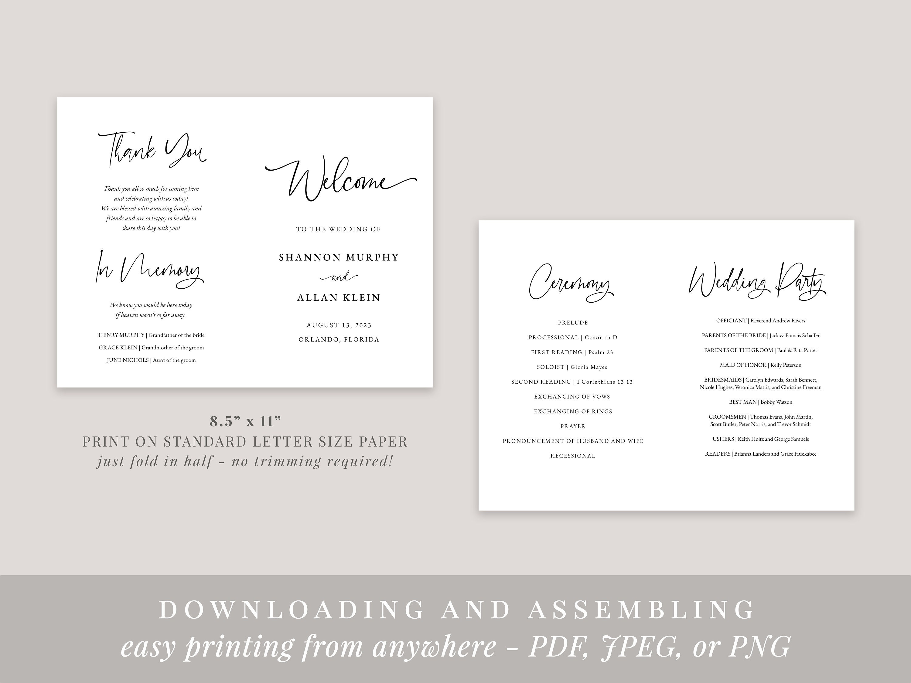 Folded Wedding Program Template Printable Order of Ceremony - Etsy