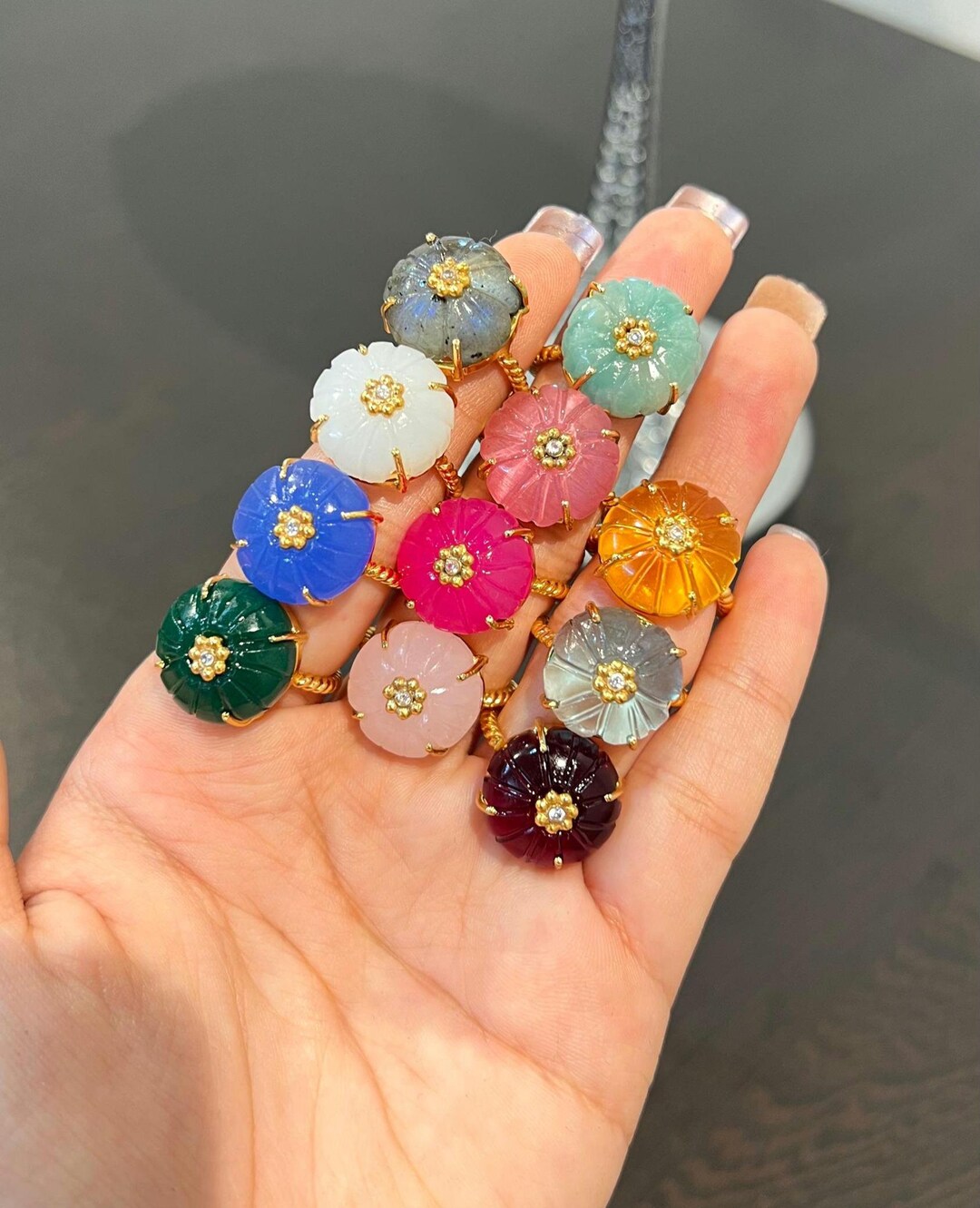 18k Gold Finish Carving Gemstone Flower Adjustable Ring - Etsy
