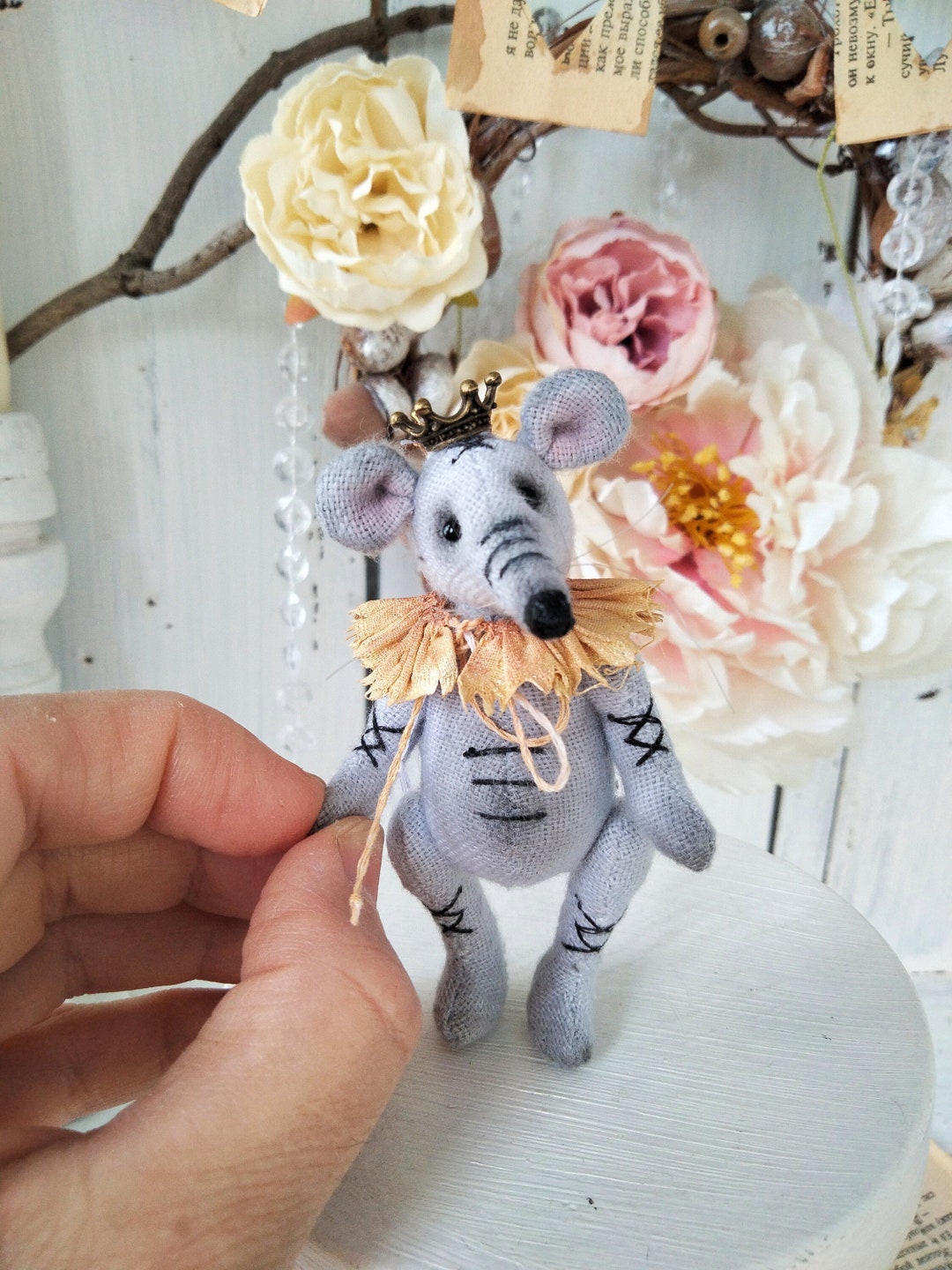 Tiny Gray Mouse Wearing Crown Rat Teddy King Handmade Collectible Toy ...