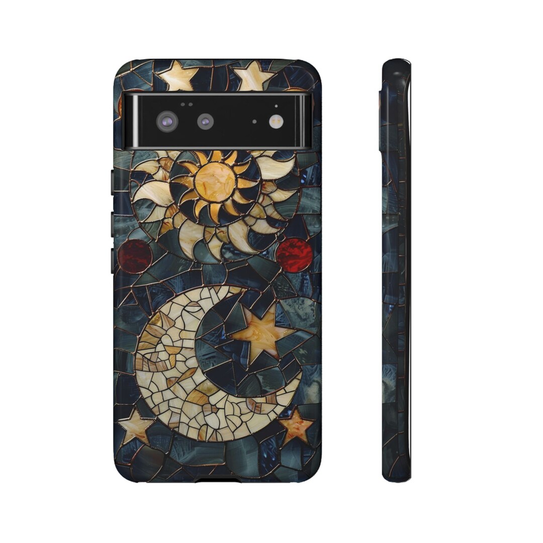 Sun Moon & Stars Phone Case Faux Stained Glass, Celestial Gift Idea for ...