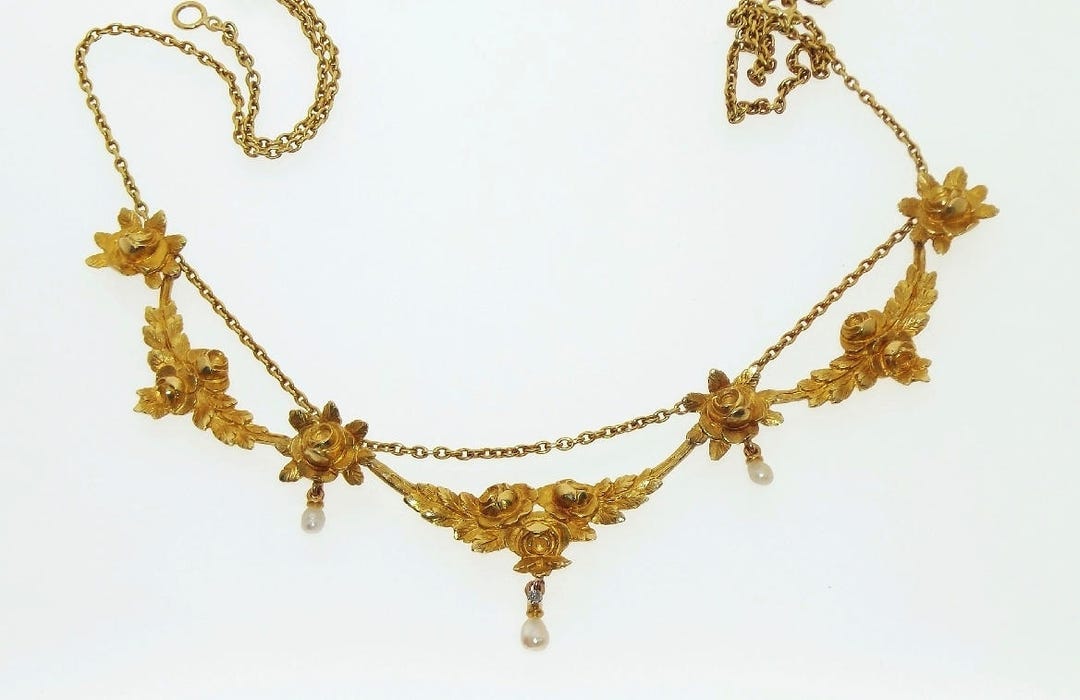 Antique French Art Nouveau 18K Gold Pearl Diamond Festoon Swag Necklace ...