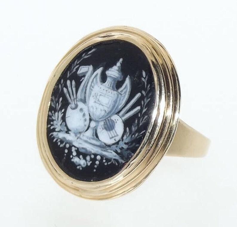 Antique French Empire (georgian) 18K Yellow Gold H. Painted Enamel Ring ...