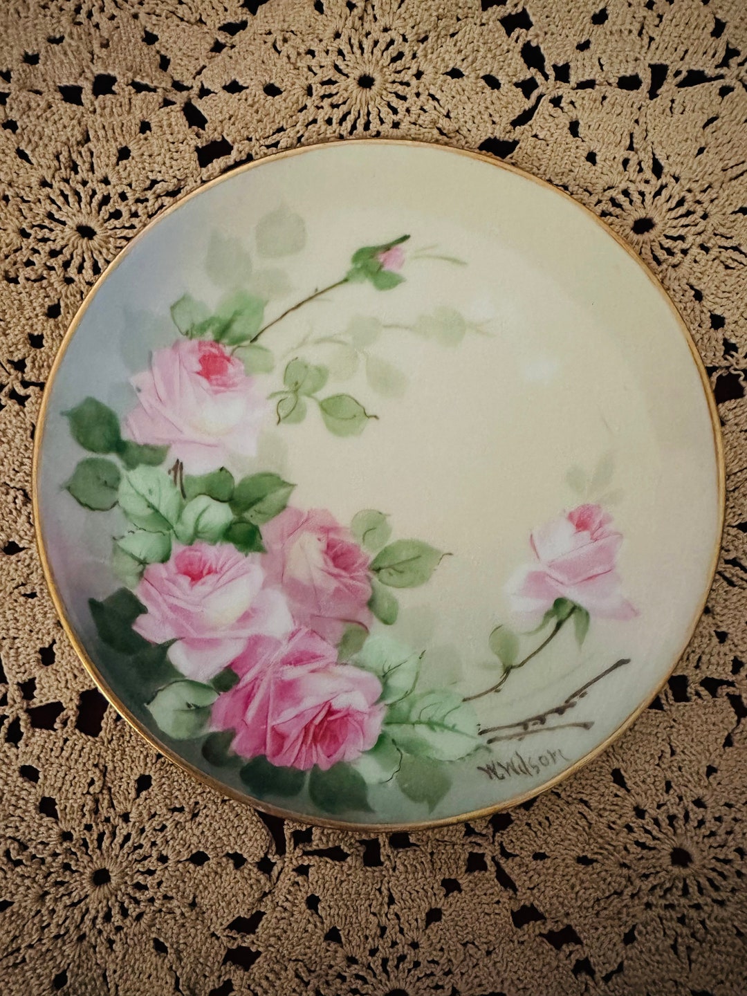 Antique Walter Wilson Hand Painted Porcelain Dish Pink Roses Cottage ...