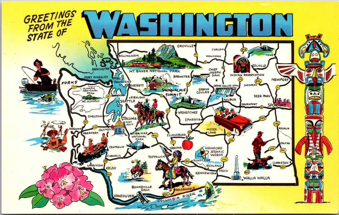 Washington WA State Map Vintage Postcard - Etsy