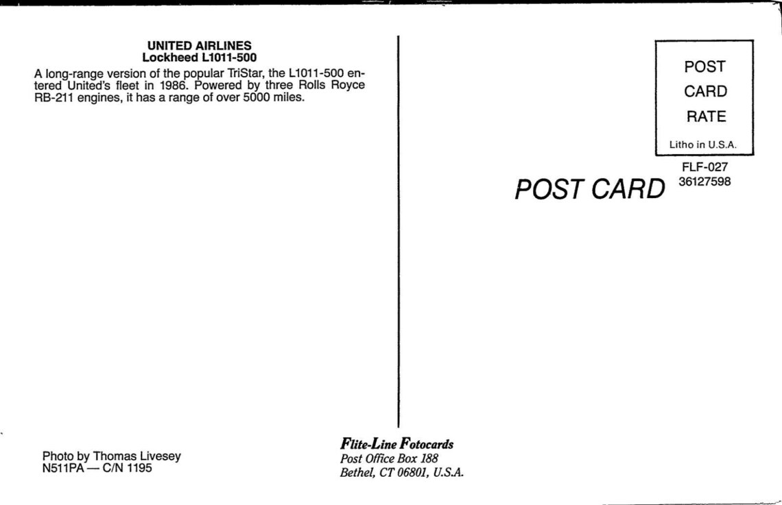 United Airlines Lockheed L1011-500 Airplane Postcard - Etsy