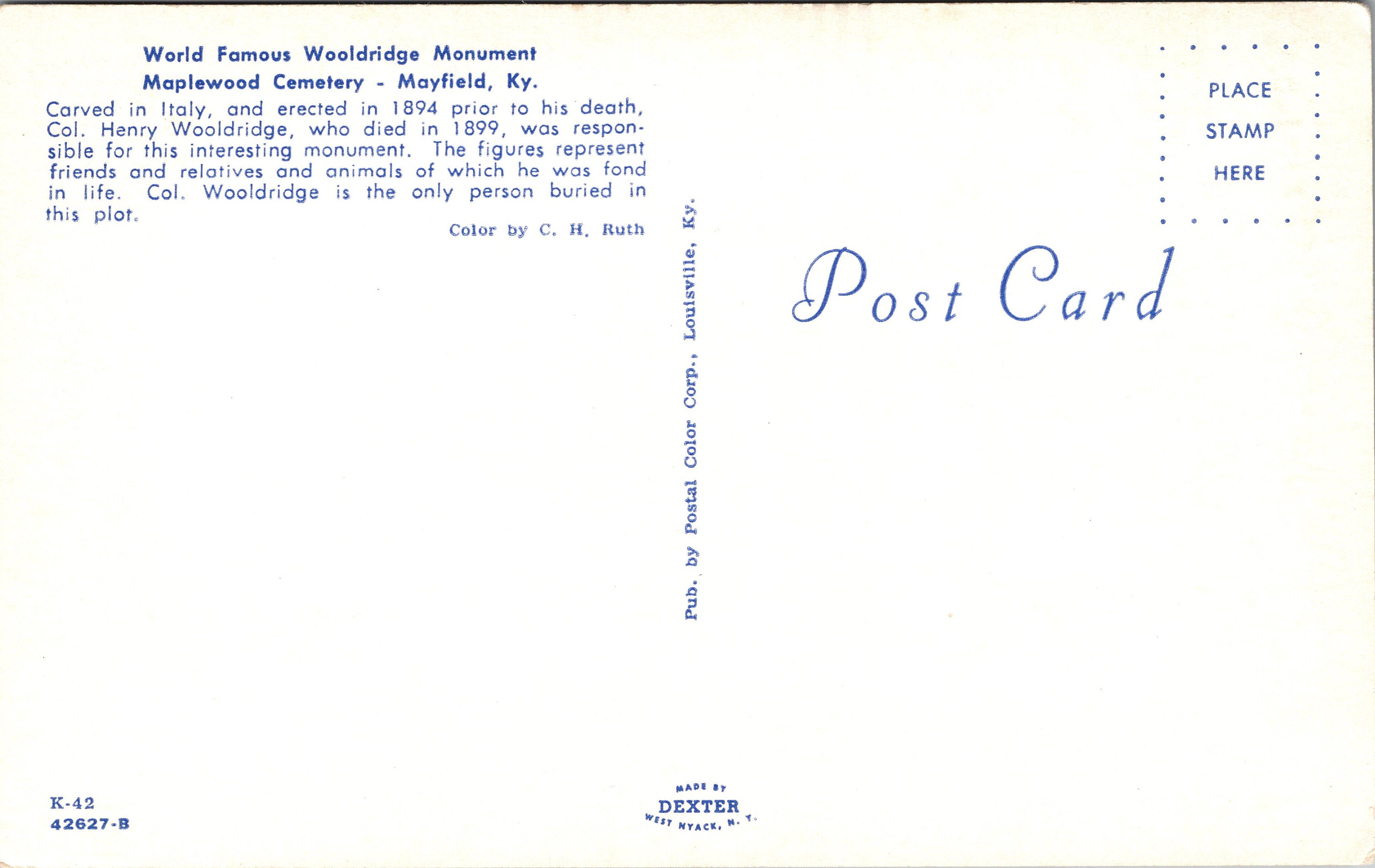 Mayfield Kentucky KY Maplewood Cemetery Wooldridge Monument Postcard - Etsy