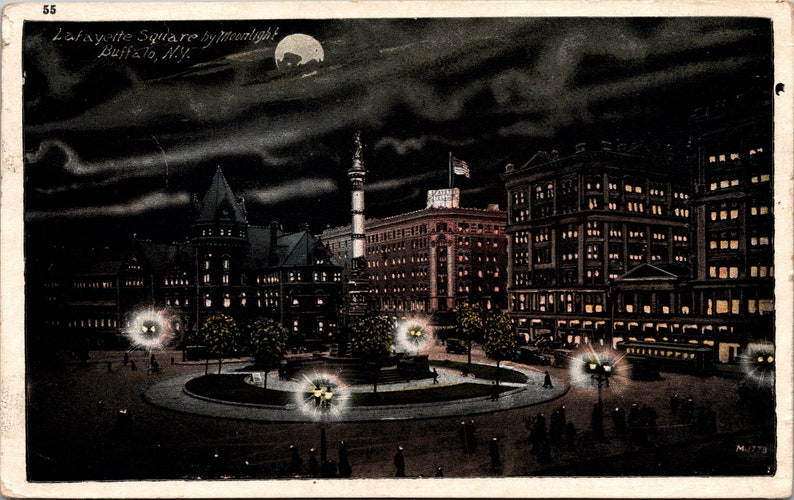 Lafayette Square by Moonlight Night View Buffalo New York NY Vintage ...