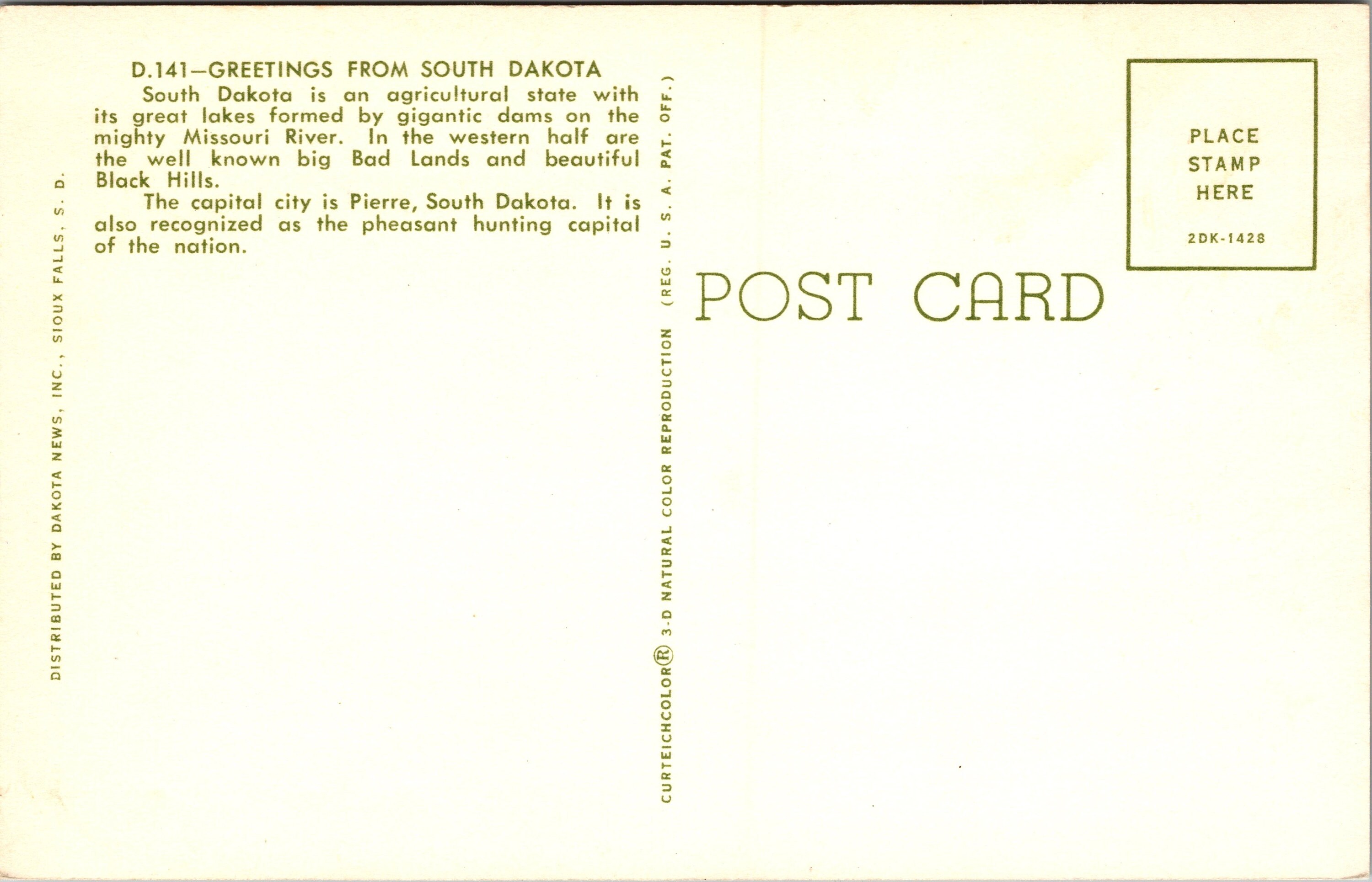 South Dakota SD State Map Postcard - Etsy