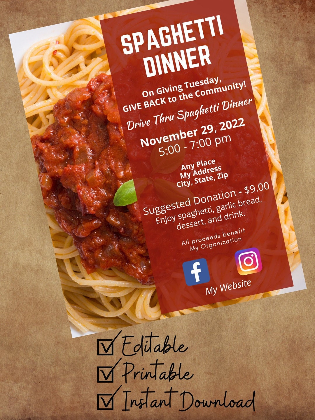 EDITABLE Spaghetti Dinner Fundraiser Flyer (can Be Used for Church ...